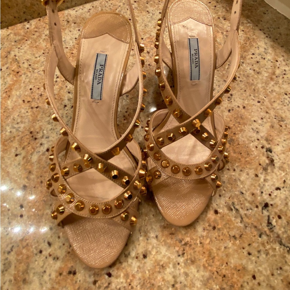 Prada Nude With Gold Stud Wedges - Gem